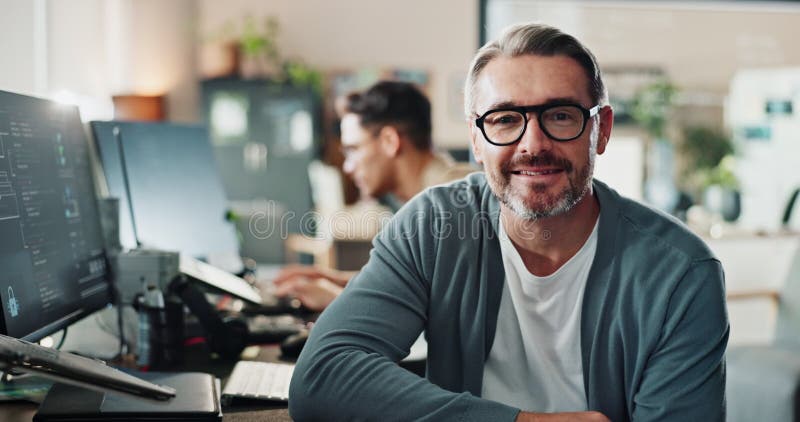 Business Man Face And Computer Screen For Coding Programming And Software Development With Ux