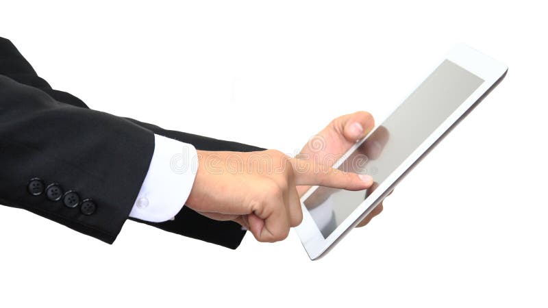 Business Man Finger Pointing Touch Screen of Digital Tablet Stock Photo ...