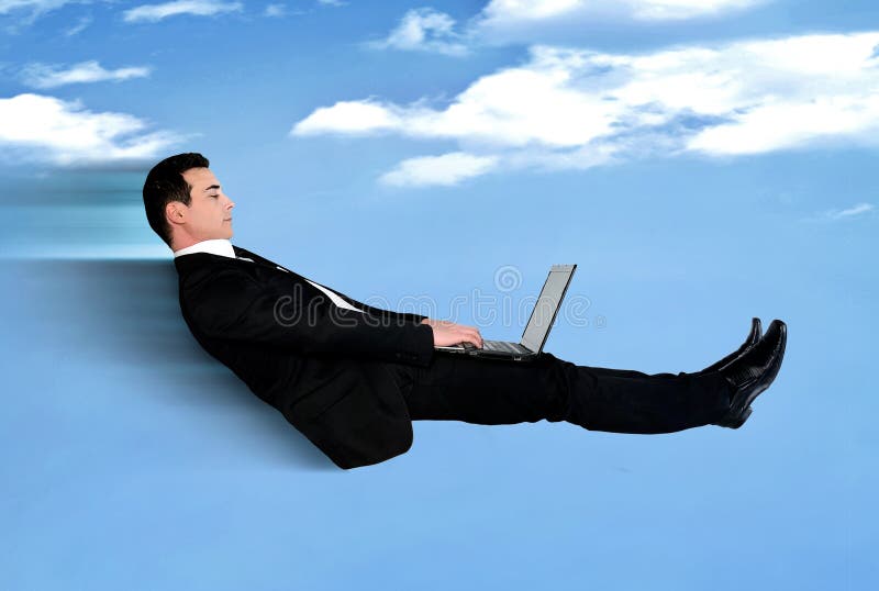 Business Man Fly Using Computer Stock Image - Image of online, concept ...