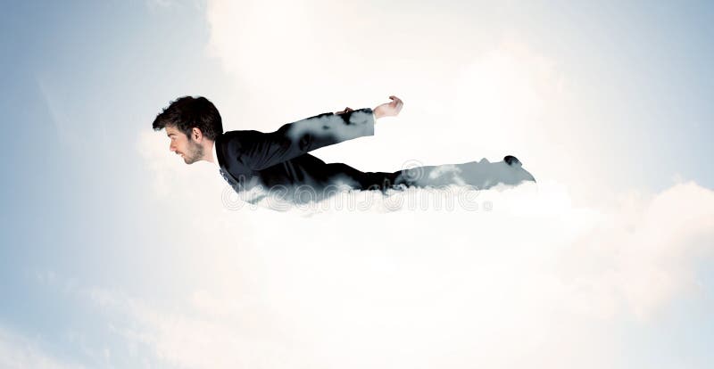 Business Man Flying Like a Superhero in Clouds on the Sky Stock Image ...