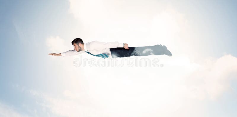 Business Man Flying Like a Superhero in Clouds on the Sky Stock Photo ...