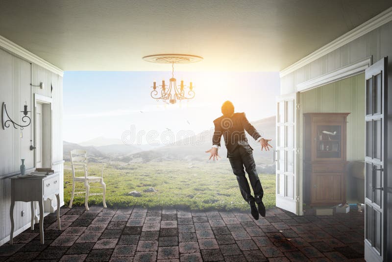 Business Man Flying Up . Mixed Media Stock Image - Image of chaos ...