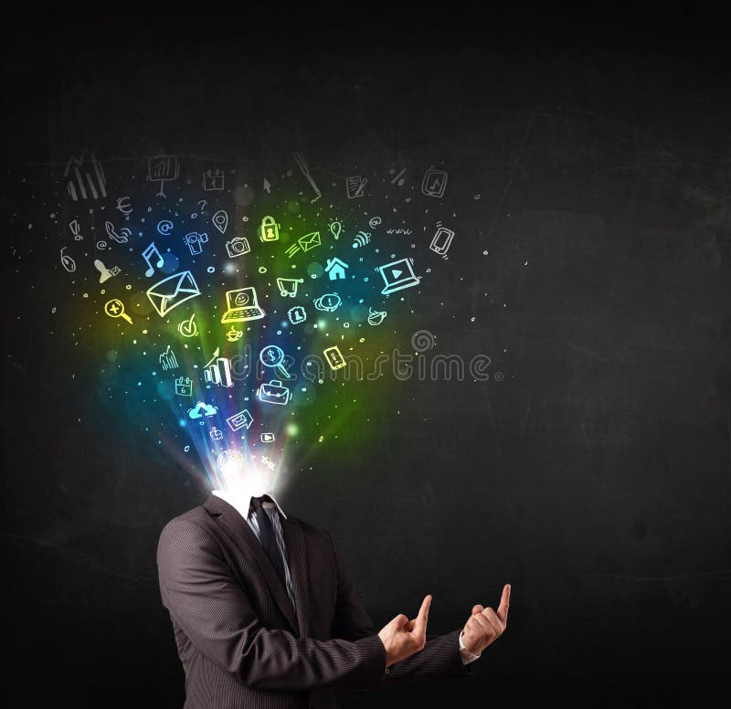 Business Man with Glowing Media Icons Exploding Head Stock Photo ...