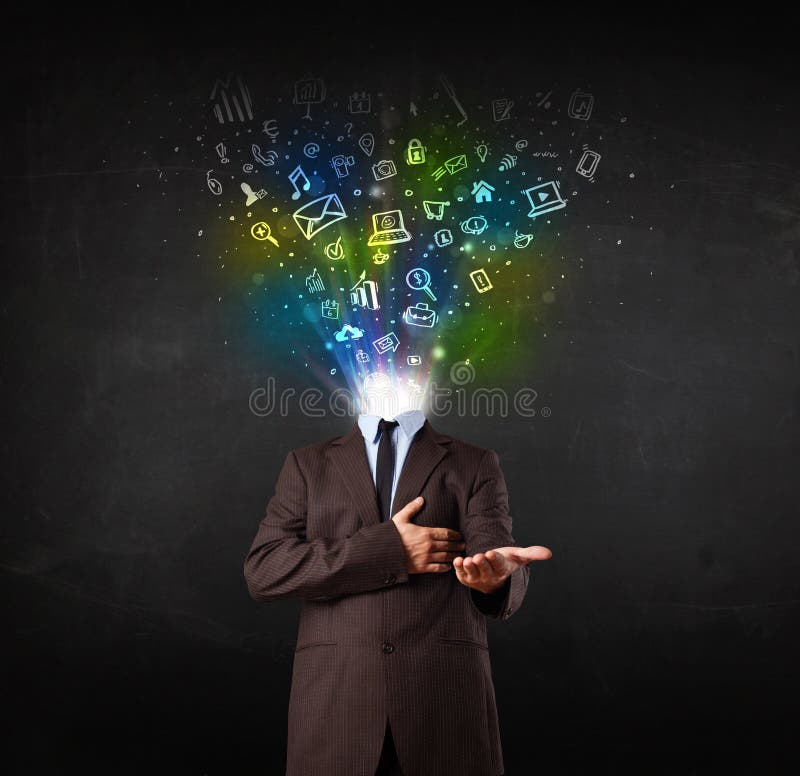 Business Man with Glowing Media Icons Exploding Head Stock Photo ...