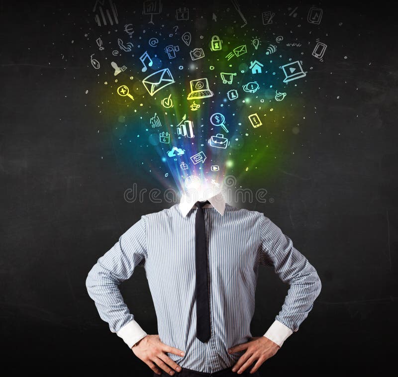 Business Man with Glowing Media Icons Exploding Head Stock Image ...