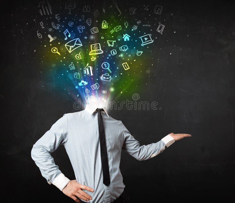 Business Man with Glowing Media Icons Exploding Head Stock Image ...