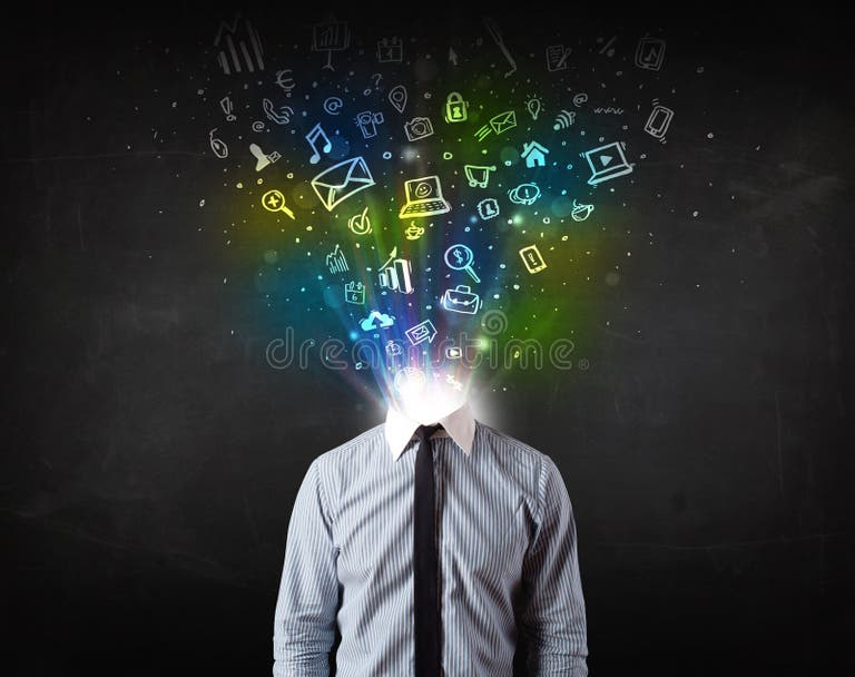Business Man with Glowing Media Icons Exploding Head Stock Photo ...
