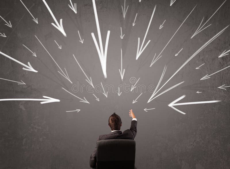 Business Man with Hand Drawn Arrows Pointing at His Head Stock Photo ...
