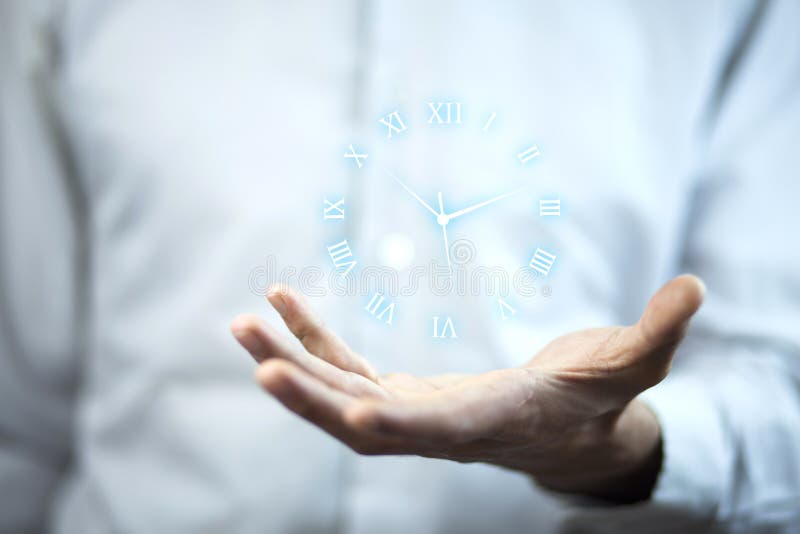 Business Man Hand Holding Clock in Screen Stock Image - Image of ...