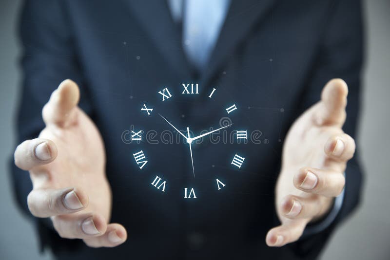 Business Man Hand Holding Clock in Screen Stock Image - Image of ...