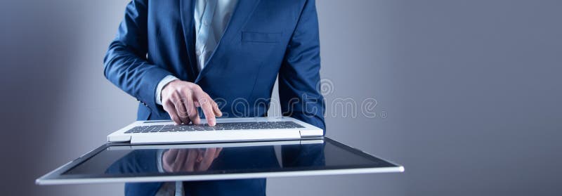 Man Holding Computer with Lock Icon Stock Illustration - Illustration ...