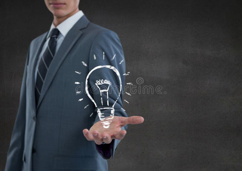 Business Man Hand Out with Lightbulb Doodle Against Grey Wall Stock ...