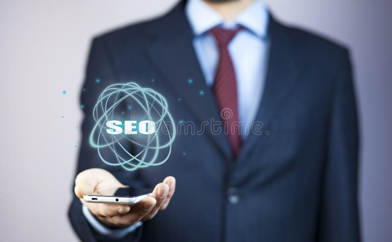 Business Man Hand Phone and SEO Text on Screen Stock Image - Image of ...