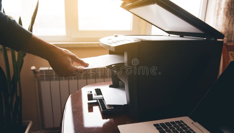 Business Man Hand Press Button on Panel of Printer. Stock Photo - Image ...