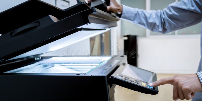 Business Man Hand Press Button on Panel of Printer, Printer Scanner ...