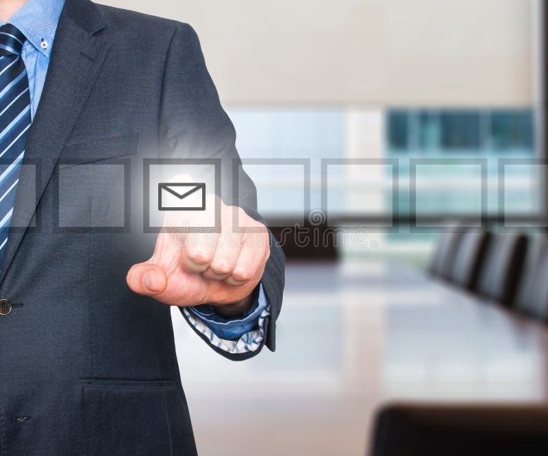 Business Man Hand Pressing Virtual Mail Button Stock Image - Image of ...