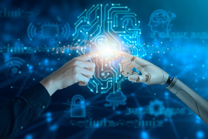 Business Man Hand and Robot Hand Pointing Digital Screen of AI Icon ...