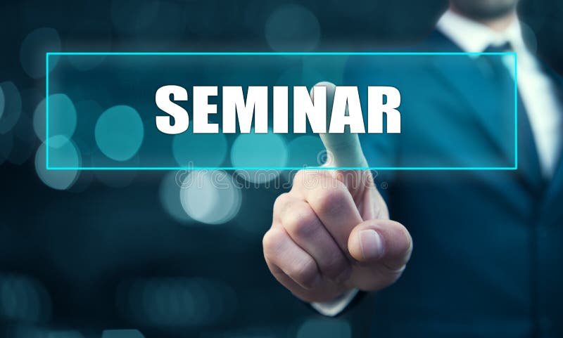 Business Man Hand Seminar Text in Screen Stock Photo - Image of word ...