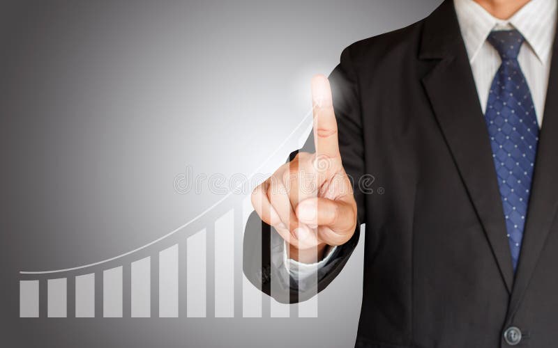 Business Man Hand Touching a Graph on Blue Background Stock Photo ...