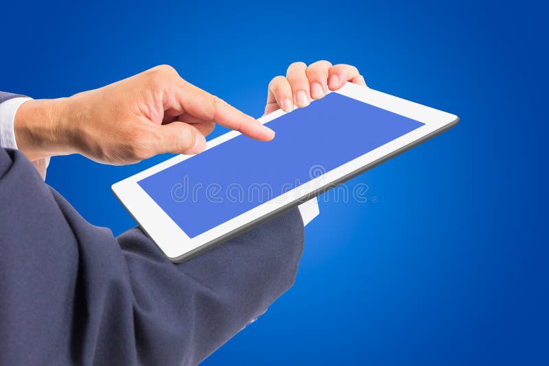 Business Man Hand Touching White Tablet PC Stock Image - Image of ...