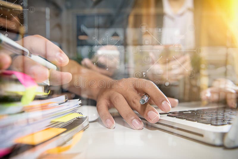 Business Man Hand Working on Laptop Computer with Digital Layer Stock ...