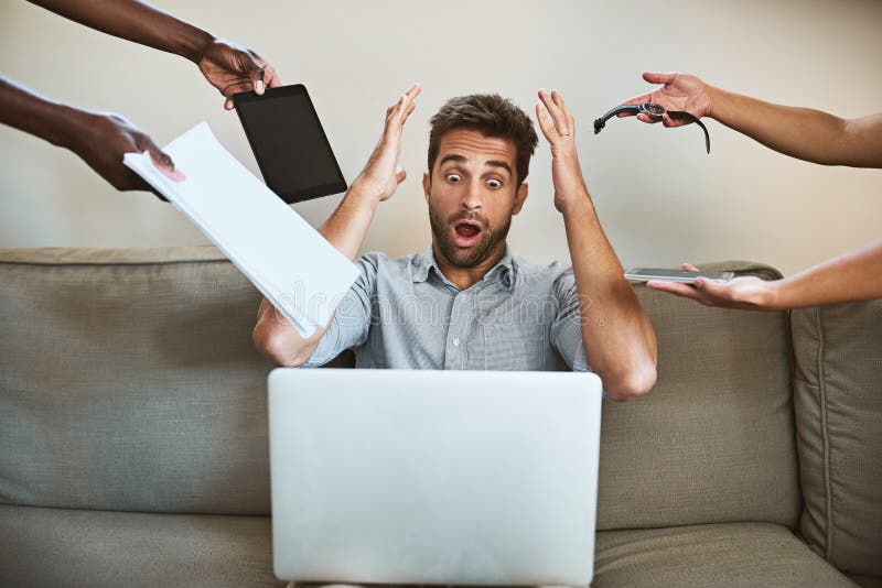 Business, Man and Hands with Panic for Deadline on Sofa with Time ...