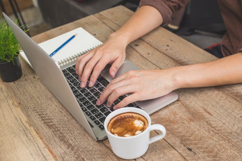 Business Man Hands Typing Laptop Computer in Coffee Shop. Stock Photo ...