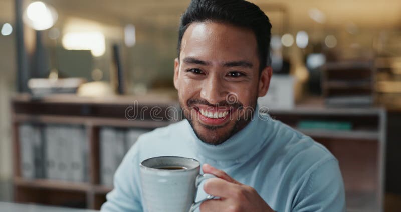 Business Man, Happy or Coffee at Desk by Computer, Office or Espresso ...
