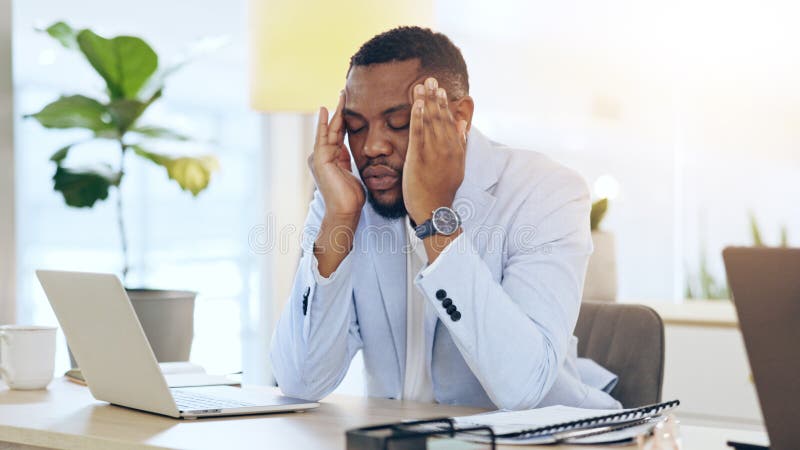 Business Man, Headache and Pain on Computer for Office Planning, Human ...