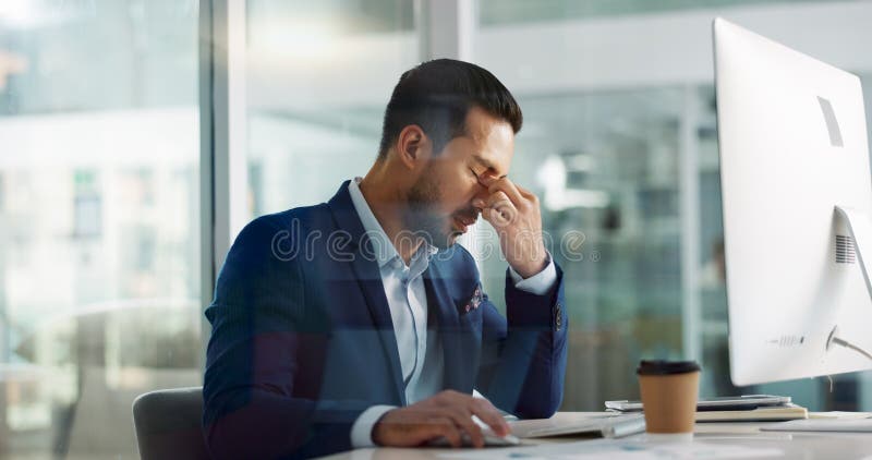 Business Man, Headache and Tired on Computer for Information Technology ...