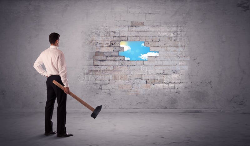 Business Man Hitting Wall with Hammer on City View Stock Photo - Image ...
