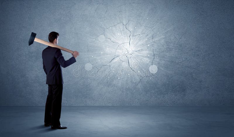 Business Man Hitting Wall with a Hammer Stock Image - Image of ...