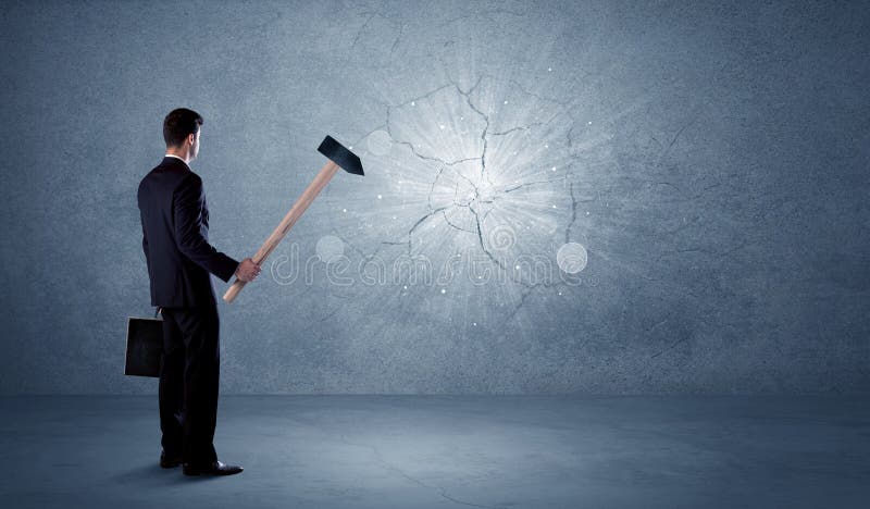 Business Man Hitting Wall with a Hammer Stock Photo - Image of ...