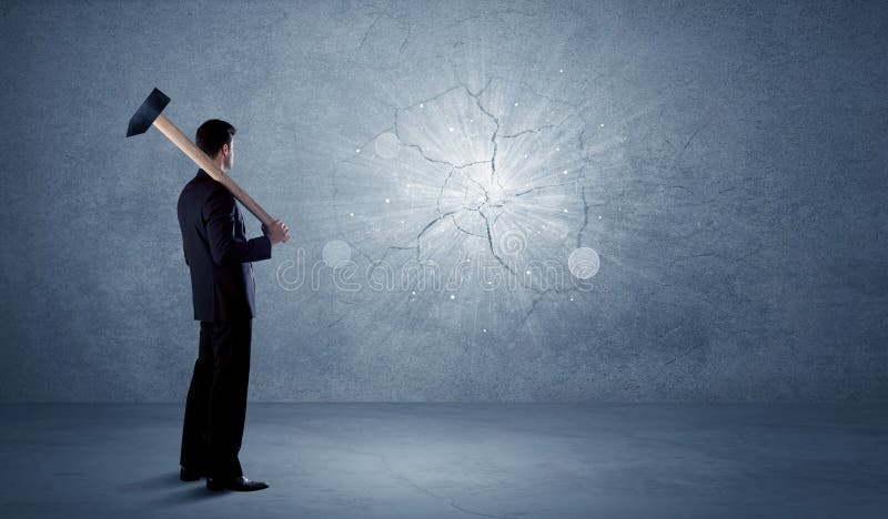 Business Man Hitting Wall with a Hammer Stock Image - Image of ...