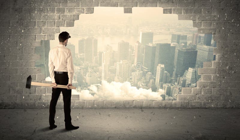 Business Man Hitting Wall with Hammer on City View Stock Image - Image ...