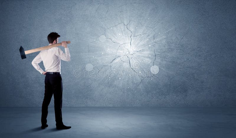 Business Man Hitting Wall with a Hammer Stock Photo - Image of overcome ...