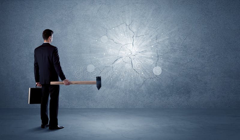 Business Man Hitting Wall with a Hammer Stock Photo - Image of building ...