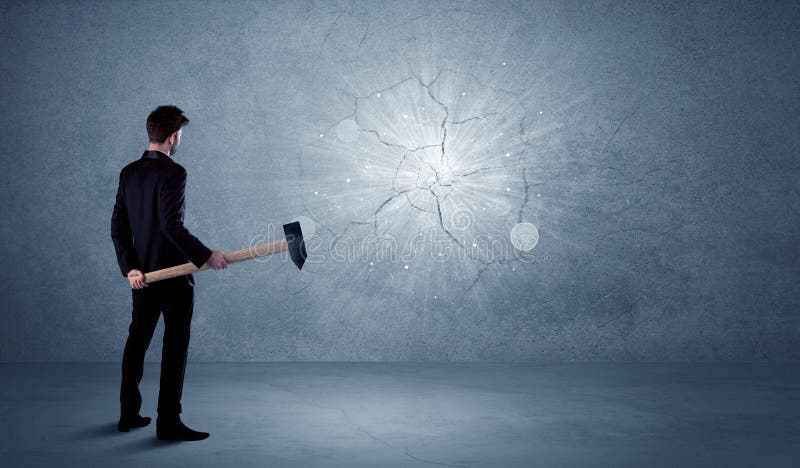 Business Man Hitting Wall with a Hammer Stock Image - Image of ...