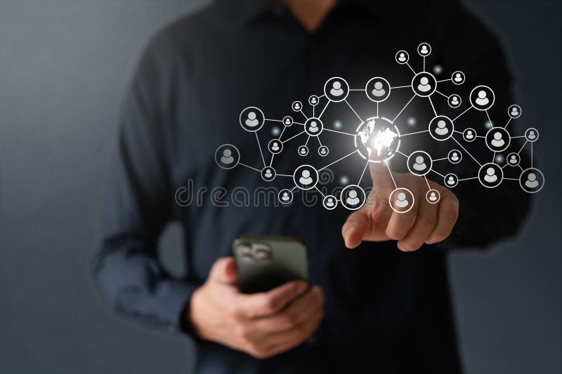 The Business Man Hold the Icon of People Networking Around the World ...