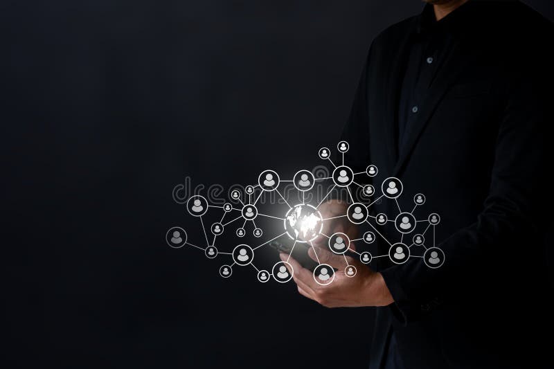 The Business Man Hold the Icon of People Networking Around the World ...