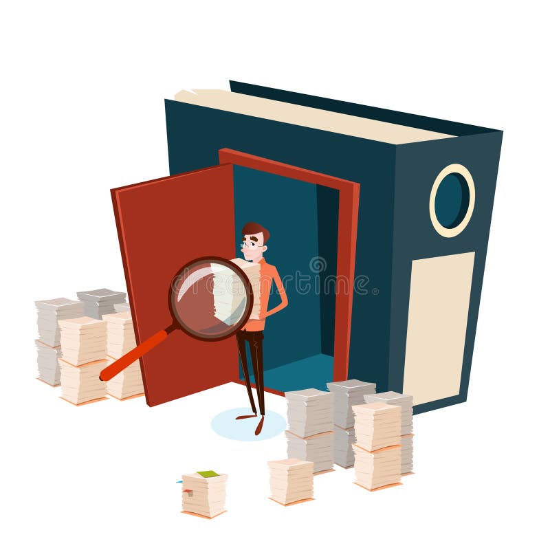 Business Man Hold Magnifying Glass Stacked Paper Document Paperwork ...