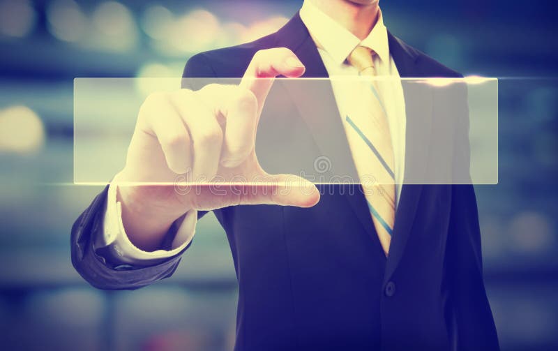 Business Man Holding a Blank Button Stock Photo - Image of filtered ...