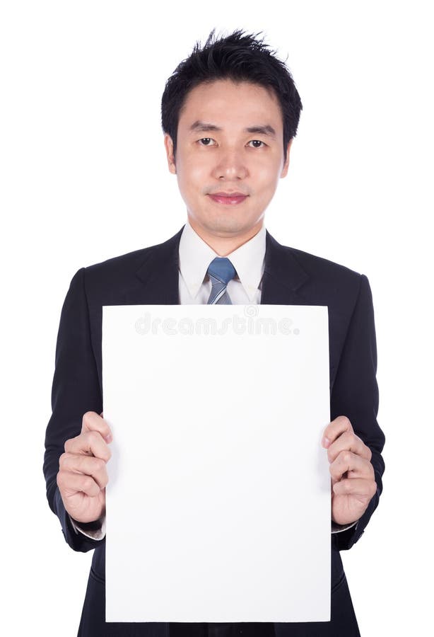 Business Man Holding a Blank Paper Sheet Isolated on White Stock Image ...