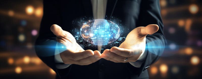 Business Man Holding a Digital Globe with Technology Globe Icon in His ...