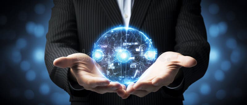 Business Man Holding a Digital Globe with Technology Globe Icon in His ...