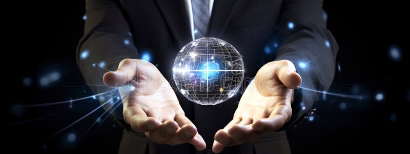 Business Man Holding a Digital Globe with Technology Globe Icon in His ...