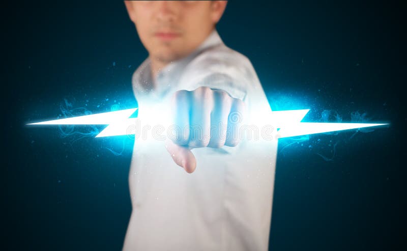 Business Man Holding Glowing Lightning Bolt in His Hands Stock Photo ...