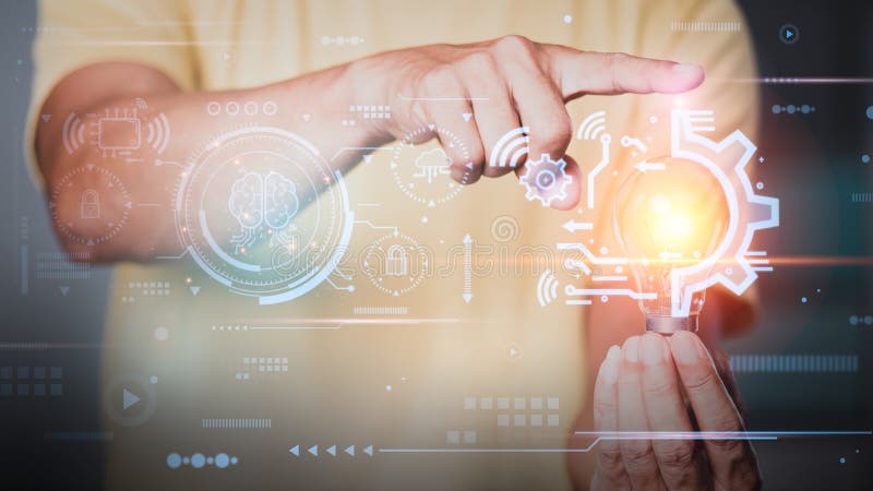 Business Man Holding Light Bulb and Virtual Icon in Hand, Artificial ...