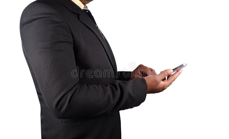 Business Man Holding Mobile Phone Isolated On White Background Stock