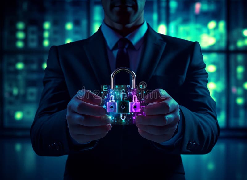 Business Man Holding a Padlock with Different Icons Around it. AI ...